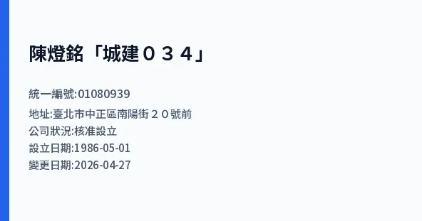 陳燈銘「城建034」的照片-統編 01080939(臺北市) 公司登記資料與營業項目詳細圖表