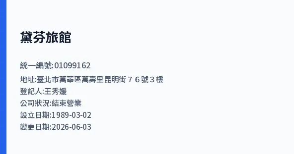 黛芬旅館的照片-統編 01099162(臺北市) 公司登記資料與營業項目詳細圖表