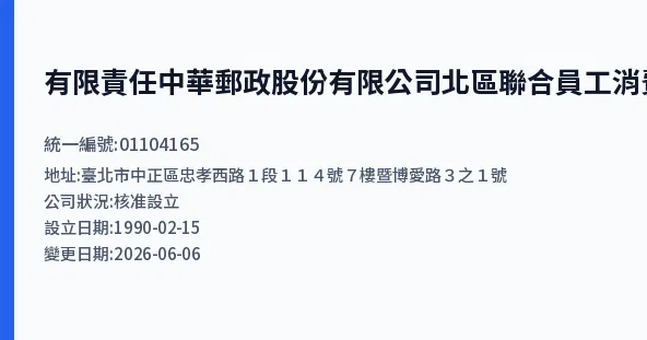 有限責任中華郵政股份有限公司北區聯合員工消費合作社的照片-統編 01104165(臺北市) 公司登記資料與營業項目詳細圖表