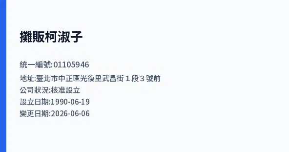 攤販柯淑子的照片-統編 01105946(臺北市) 公司登記資料與營業項目詳細圖表