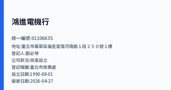 鴻進電機行的照片-統編 01106635(臺北市) 公司登記資料與營業項目詳細圖表