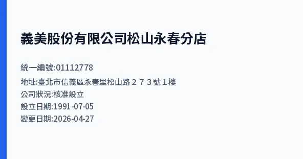 義美股份有限公司松山永春分店的照片-統編 01112778(臺北市) 公司登記資料與營業項目詳細圖表