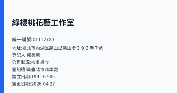 綠櫻桃花藝工作室的照片-統編 01112783(臺北市) 公司登記資料與營業項目詳細圖表