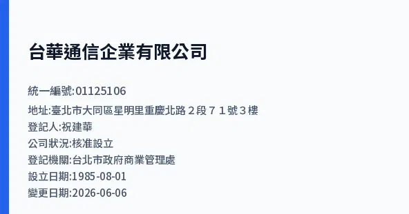 台華通信企業有限公司的照片-統編 01125106(臺北市) 公司登記資料與營業項目詳細圖表
