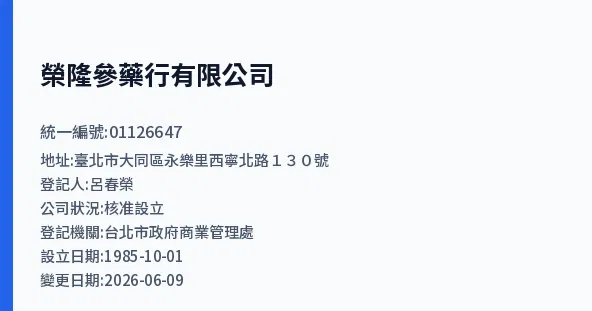 榮隆參藥行有限公司的照片-統編 01126647(臺北市) 公司登記資料與營業項目詳細圖表