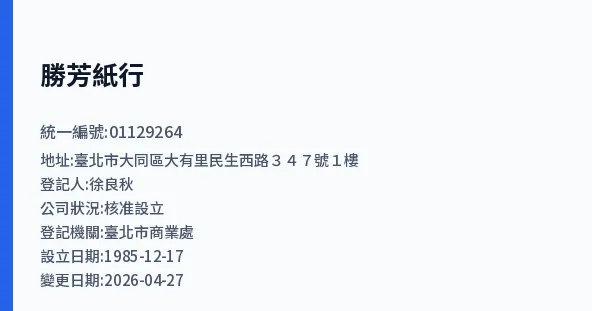 勝芳紙行的照片-統編 01129264(臺北市) 公司登記資料與營業項目詳細圖表