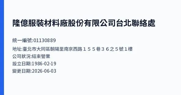 隆億服裝材料廠股份有限公司台北聯絡處的照片-統編 01130889(臺北市) 公司登記資料與營業項目詳細圖表