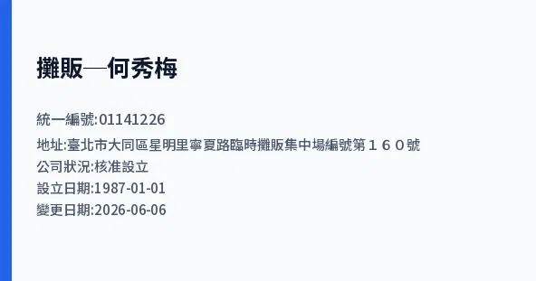 攤販─何秀梅的照片-統編 01141226(臺北市) 公司登記資料與營業項目詳細圖表