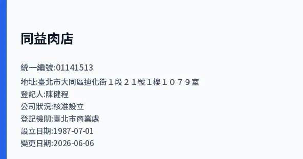 同益肉店的照片-統編 01141513(臺北市) 公司登記資料與營業項目詳細圖表