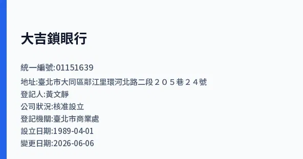 大吉鎖眼行的照片-統編 01151639(臺北市) 公司登記資料與營業項目詳細圖表
