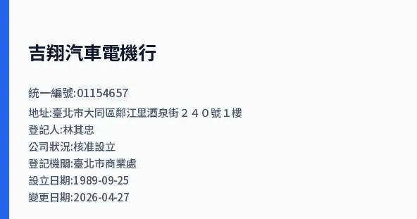 吉翔汽車電機行的照片-統編 01154657(臺北市) 公司登記資料與營業項目詳細圖表