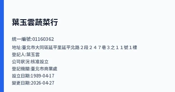 葉玉雲蔬菜行的照片-統編 01160362(臺北市) 公司登記資料與營業項目詳細圖表