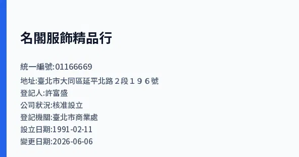 名閣服飾精品行的照片-統編 01166669(臺北市) 公司登記資料與營業項目詳細圖表
