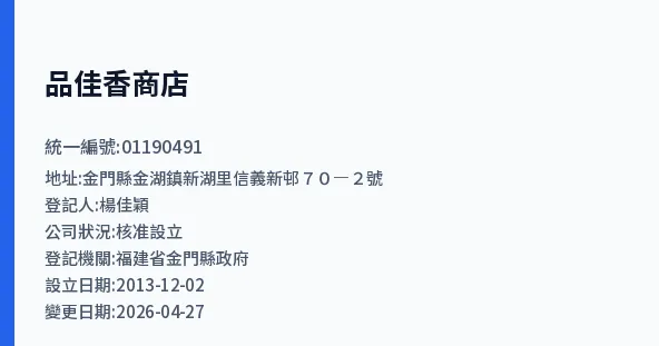 品佳香商店的照片-統編 01190491(金門縣) 公司登記資料與營業項目詳細圖表