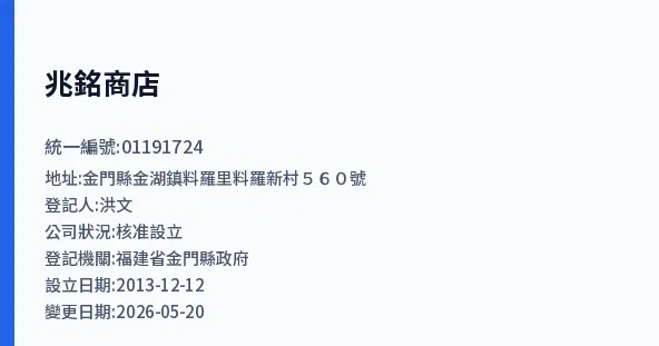 兆銘商店的照片-統編 01191724(金門縣) 公司登記資料與營業項目詳細圖表