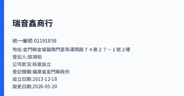 瑞音鑫商行的照片-統編 01191858(金門縣) 公司登記資料與營業項目詳細圖表