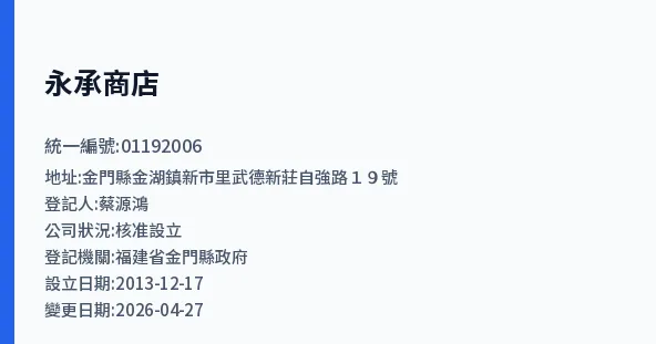 永承商店的照片-統編 01192006(金門縣) 公司登記資料與營業項目詳細圖表