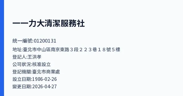 一一力大清潔服務社的照片-統編 01200131(臺北市) 公司登記資料與營業項目詳細圖表