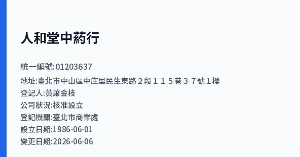 人和堂中葯行的照片-統編 01203637(臺北市) 公司登記資料與營業項目詳細圖表