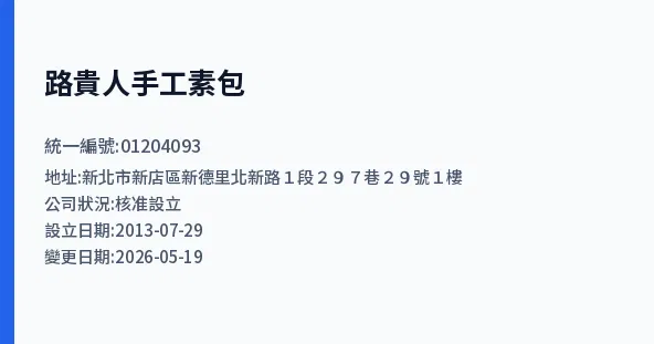 路貴人手工素包的照片-統編 01204093(新北市) 公司登記資料與營業項目詳細圖表