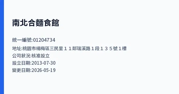 南北合麵食館的照片-統編 01204734(桃園市) 公司登記資料與營業項目詳細圖表