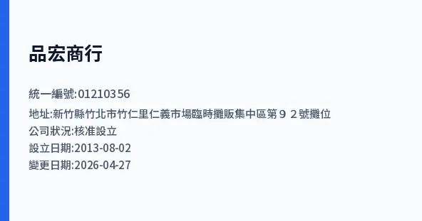 品宏商行的照片-統編 01210356(新竹縣) 公司登記資料與營業項目詳細圖表