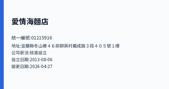 愛情海麵店的照片-統編 01215916(宜蘭縣) 公司登記資料與營業項目詳細圖表