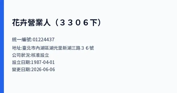 花卉營業人(3306下)的照片-統編 01224437(臺北市) 公司登記資料與營業項目詳細圖表