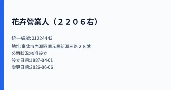 花卉營業人(2206右)的照片-統編 01224443(臺北市) 公司登記資料與營業項目詳細圖表