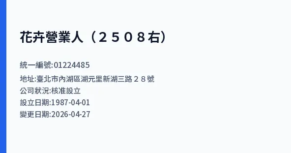 花卉營業人(2508右)的照片-統編 01224485(臺北市) 公司登記資料與營業項目詳細圖表