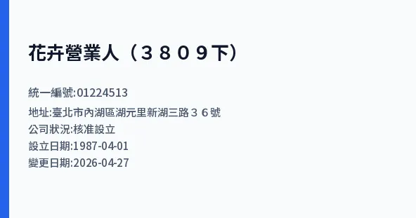 花卉營業人(3809下)的照片-統編 01224513(臺北市) 公司登記資料與營業項目詳細圖表