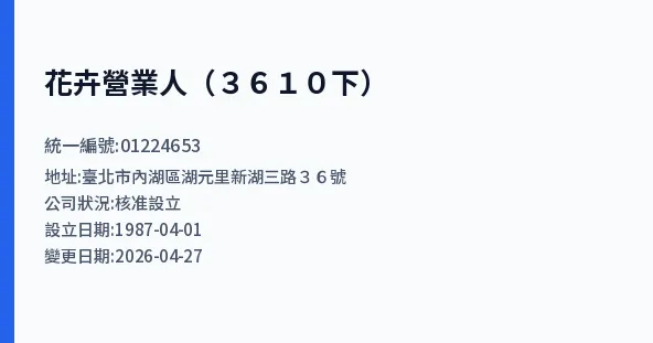 花卉營業人(3610下)的照片-統編 01224653(臺北市) 公司登記資料與營業項目詳細圖表