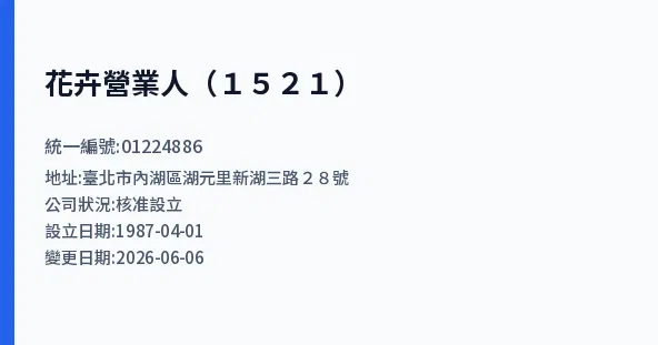 花卉營業人(1521)的照片-統編 01224886(臺北市) 公司登記資料與營業項目詳細圖表