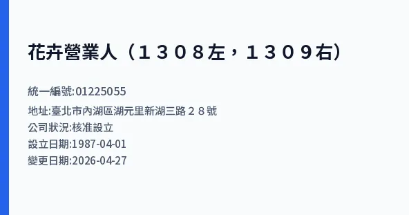 花卉營業人(1308左,1309右)的照片-統編 01225055(臺北市) 公司登記資料與營業項目詳細圖表