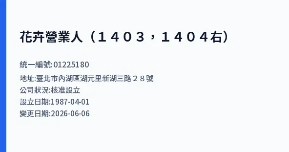 花卉營業人(1403,1404右)的照片-統編 01225180(臺北市) 公司登記資料與營業項目詳細圖表