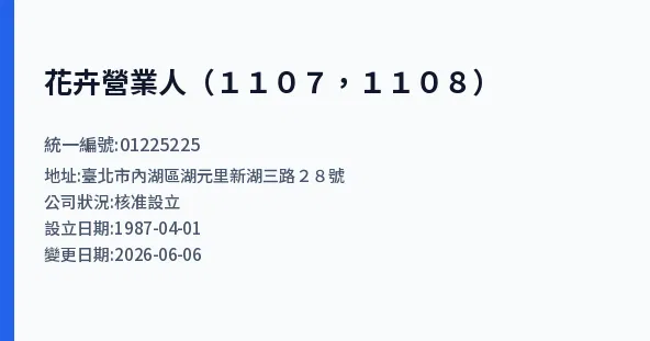 花卉營業人(1107,1108)的照片-統編 01225225(臺北市) 公司登記資料與營業項目詳細圖表
