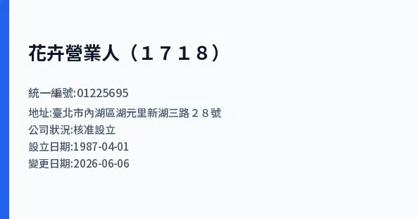花卉營業人(1718)的照片-統編 01225695(臺北市) 公司登記資料與營業項目詳細圖表
