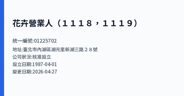 花卉營業人(1118,1119)的照片-統編 01225702(臺北市) 公司登記資料與營業項目詳細圖表