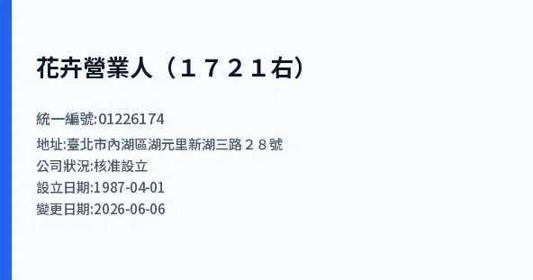 花卉營業人(1721右)的照片-統編 01226174(臺北市) 公司登記資料與營業項目詳細圖表