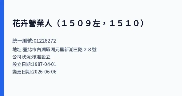 花卉營業人(1509左,1510)的照片-統編 01226272(臺北市) 公司登記資料與營業項目詳細圖表