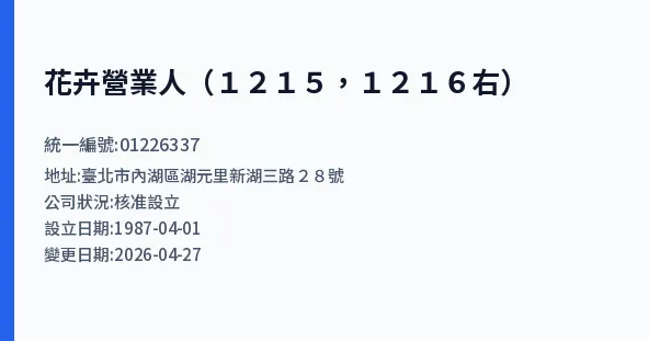 花卉營業人(1215,1216右)的照片-統編 01226337(臺北市) 公司登記資料與營業項目詳細圖表