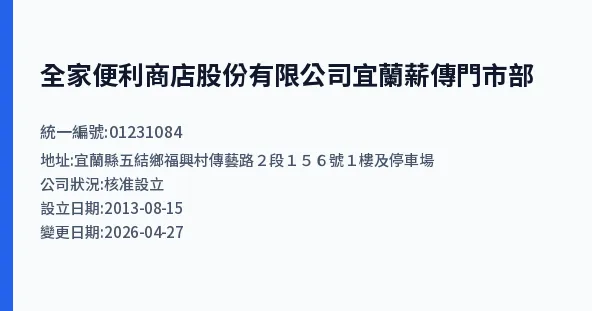 全家便利商店股份有限公司宜蘭薪傳門市部的照片-統編 01231084(宜蘭縣) 公司登記資料與營業項目詳細圖表