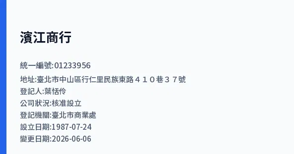 濱江商行的照片-統編 01233956(臺北市) 公司登記資料與營業項目詳細圖表