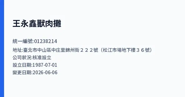 王永鑫獸肉攤的照片-統編 01238214(臺北市) 公司登記資料與營業項目詳細圖表