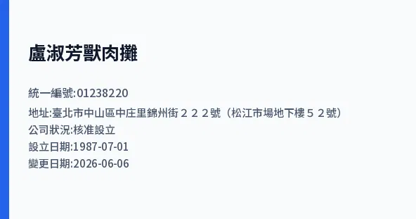 盧淑芳獸肉攤的照片-統編 01238220(臺北市) 公司登記資料與營業項目詳細圖表