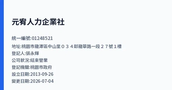元宥人力企業社的照片-統編 01248521(桃園市) 公司登記資料與營業項目詳細圖表