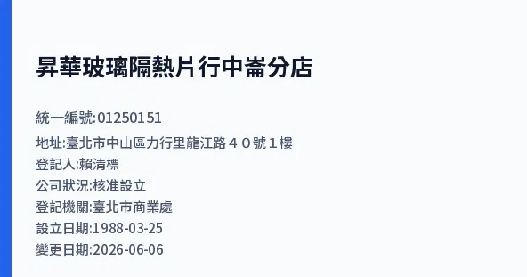 昇華玻璃隔熱片行中崙分店的照片-統編 01250151(臺北市) 公司登記資料與營業項目詳細圖表