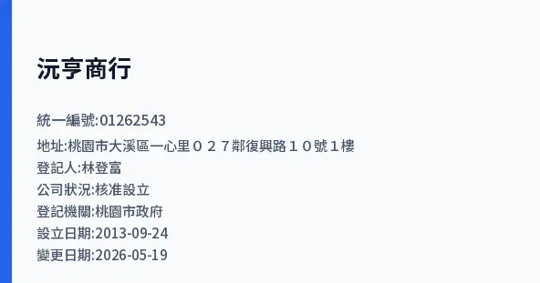 沅亨商行的照片-統編 01262543(桃園市) 公司登記資料與營業項目詳細圖表