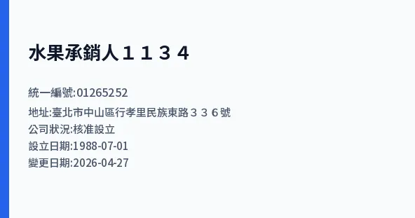 水果承銷人1134的照片-統編 01265252(臺北市) 公司登記資料與營業項目詳細圖表
