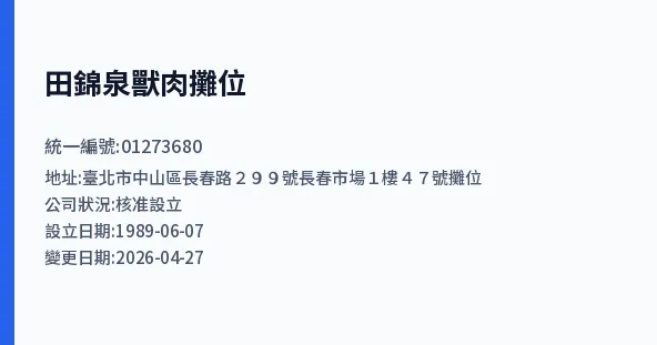 田錦泉獸肉攤位的照片-統編 01273680(臺北市) 公司登記資料與營業項目詳細圖表